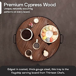 Thirteen Chefs Wine Barrel Inspired Serving Tray and Charcuterie Board with Handles, 20" Round Wood Platter, Farmhouse Style