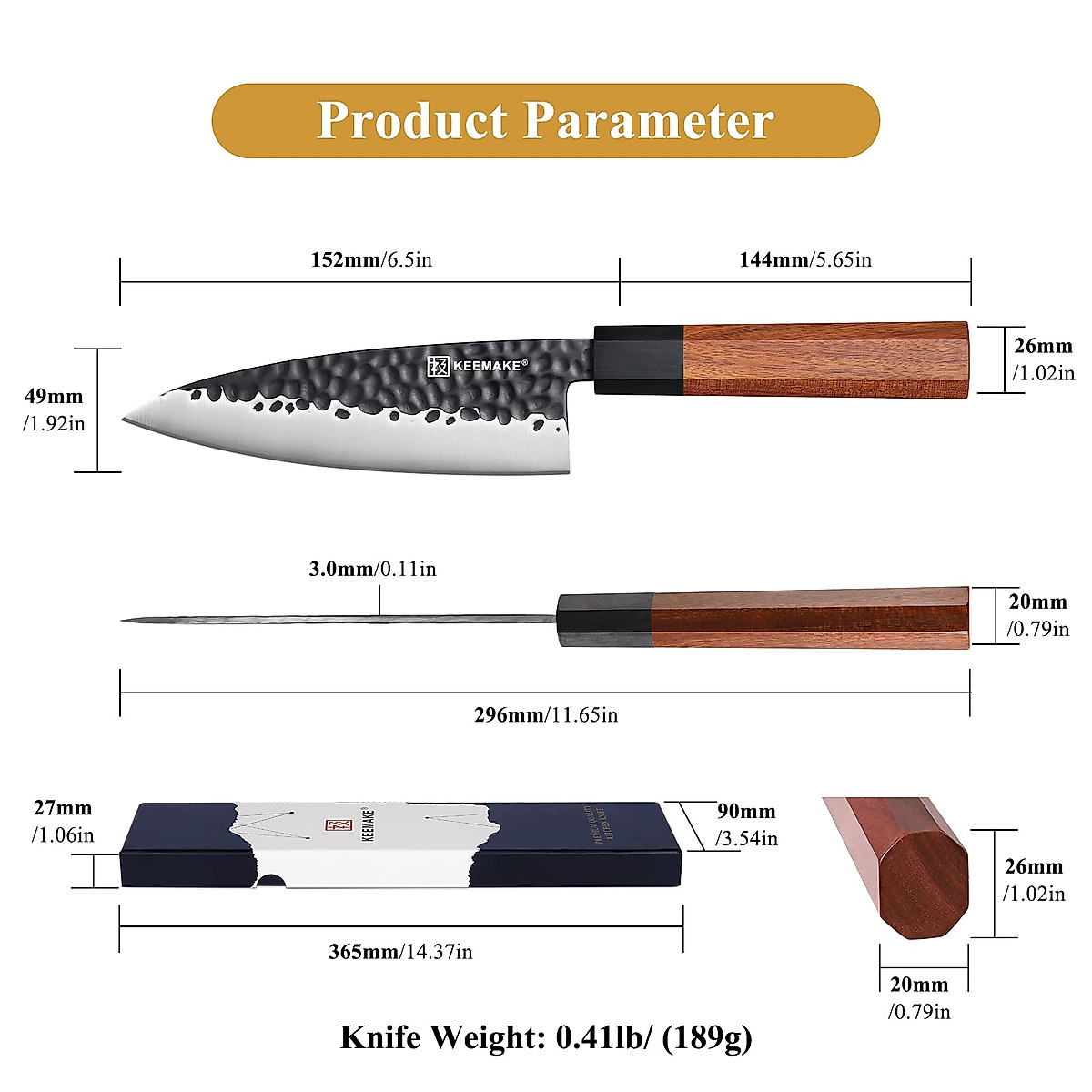 KEEMAKE Deba Knife 6 inch, Double Bevel Japanese 440C Stainless Steel Fish/Fillet Knife with G10 Bolster Octagonal Wood Handle