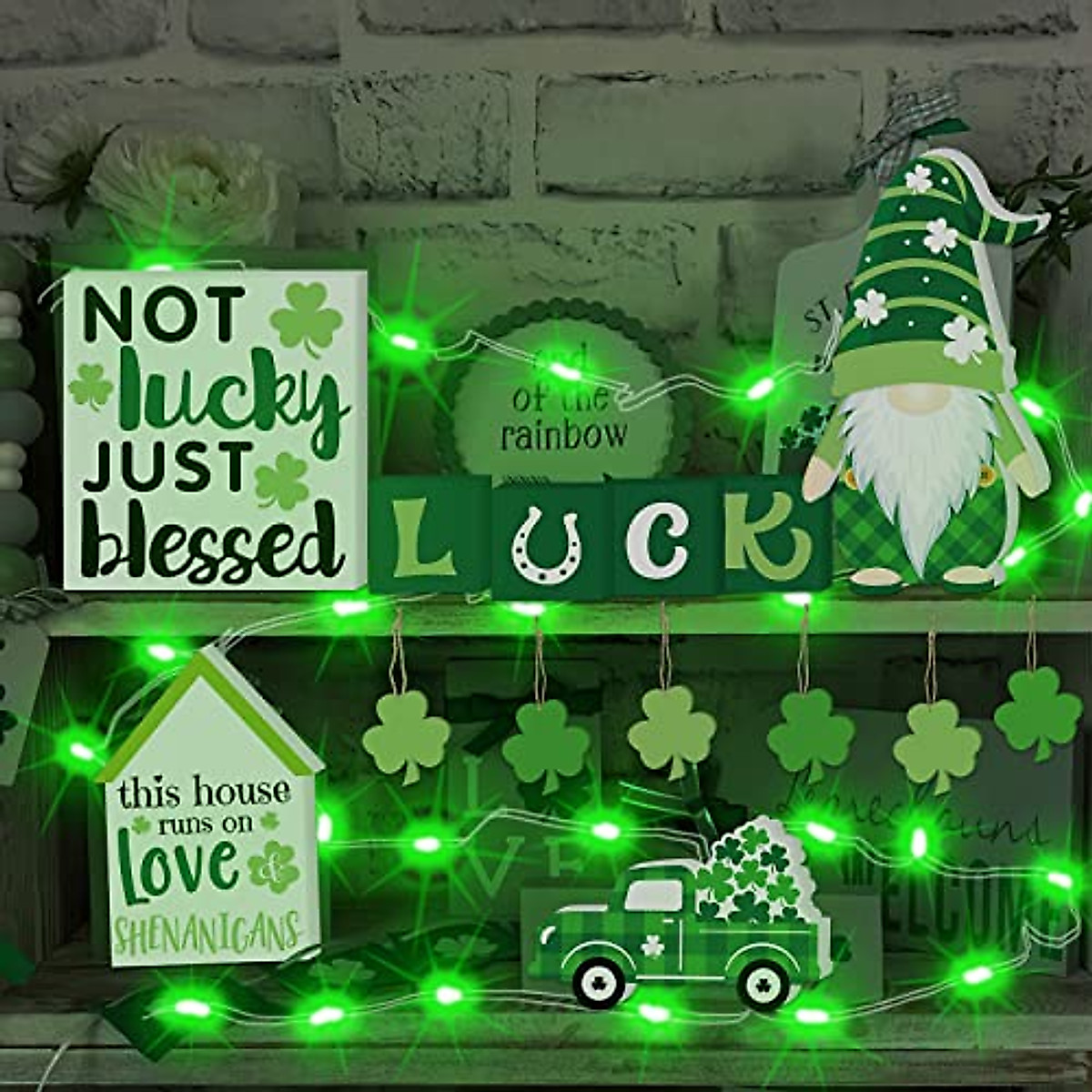 St Patricks Day Tiered Tray Decorations Set - St Patricks Day Shamrock Wooden Signs with Green String Lights for Spring Irish Saint Patricks Day Home Table Decorations