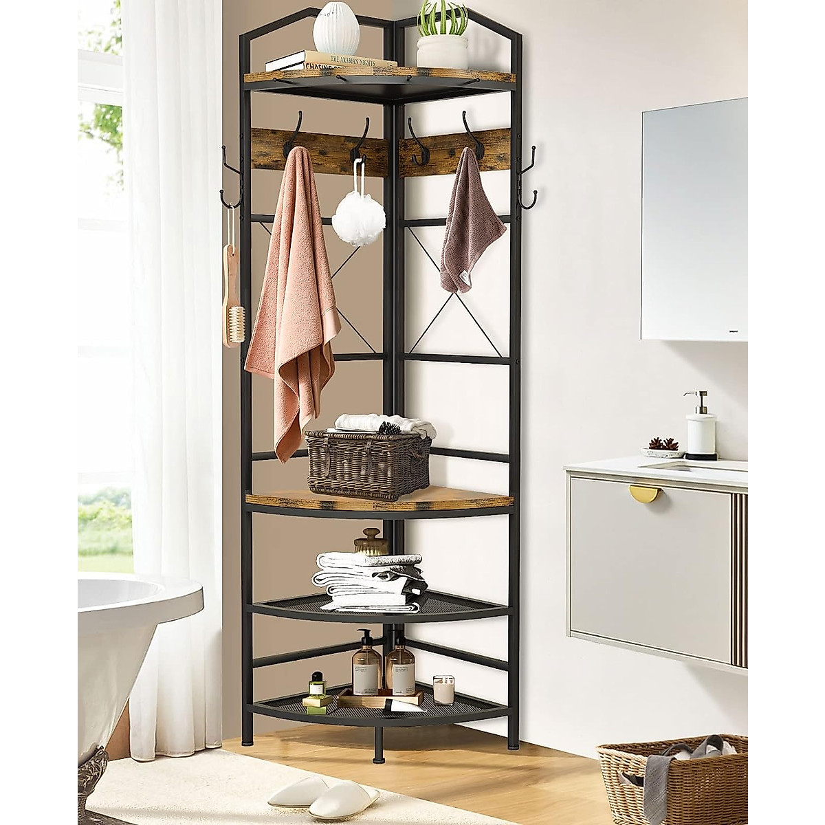 LTTROMAT 4-Tier Corner Hall Tree with Shoe Bench, Entryway Coat Rack with Storage, Industrial Corner Clothes Rack with 6 Metal Hooks and Wooden Storage Shelves