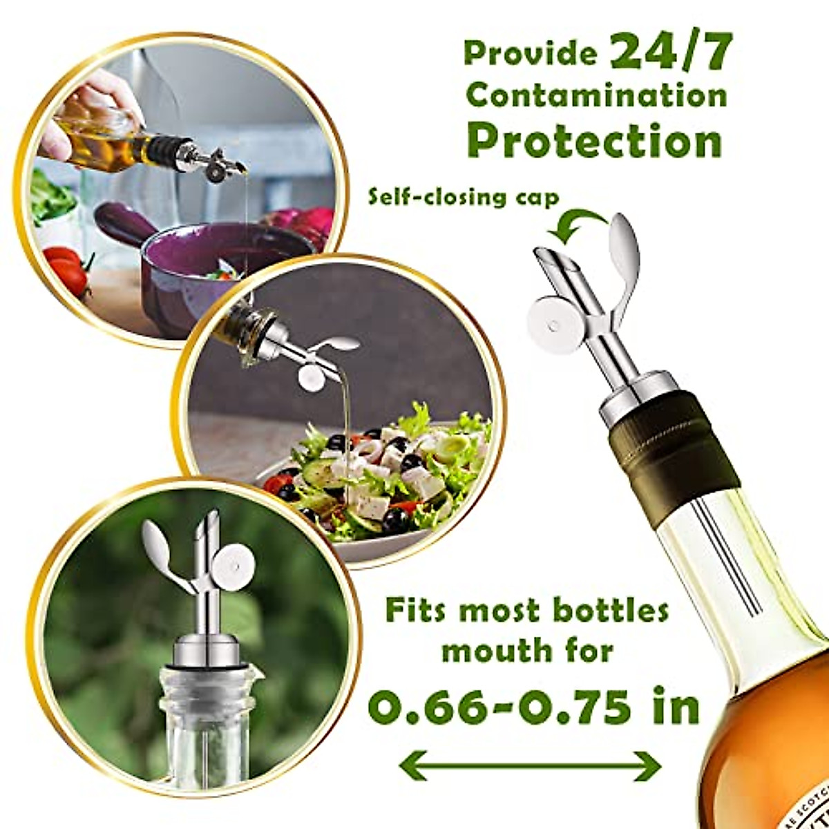 WAFJAMF 2 Pcs Weighted Stainless Steel Bottle Pourers, Self Closing Olive Oil Dispenser Spout, Auto Flip Feature Liquor Pour Spouts for Pours Liquid, Olive Oil, Wine, Vinegar (Silver)……