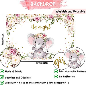 Baby Shower Party Supplies Decorations for Girl - Baby Girl Banner, Latex Balloons, Square Balloons, Elephant Foil Balloon, Pink Elephant Cut-Outs, Toppers, and Backdrop for Baby Shower Birthday Party