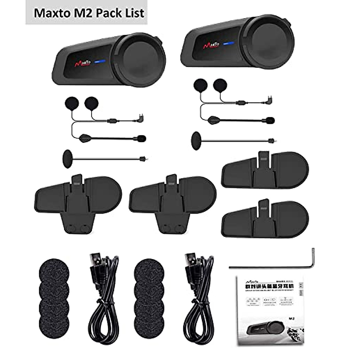 QSPORTPEAK Motorcycle Helmet Bluetooth Intercom Headset Communication Systems Kit, M2 Full Duplex 6 Riders Group Helmet Intercom/FM Radio/Voice Prompt/MP3/GPS Connective/Range 1000m/IP67 Waterproof