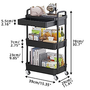 Calmootey 3-Tier Rolling Utility Cart with Drawer,Multifunctional Storage Organizer with Plastic Shelf & Metal Wheels,Storage Cart for Kitchen,Bathroom,Living Room,Office,Black