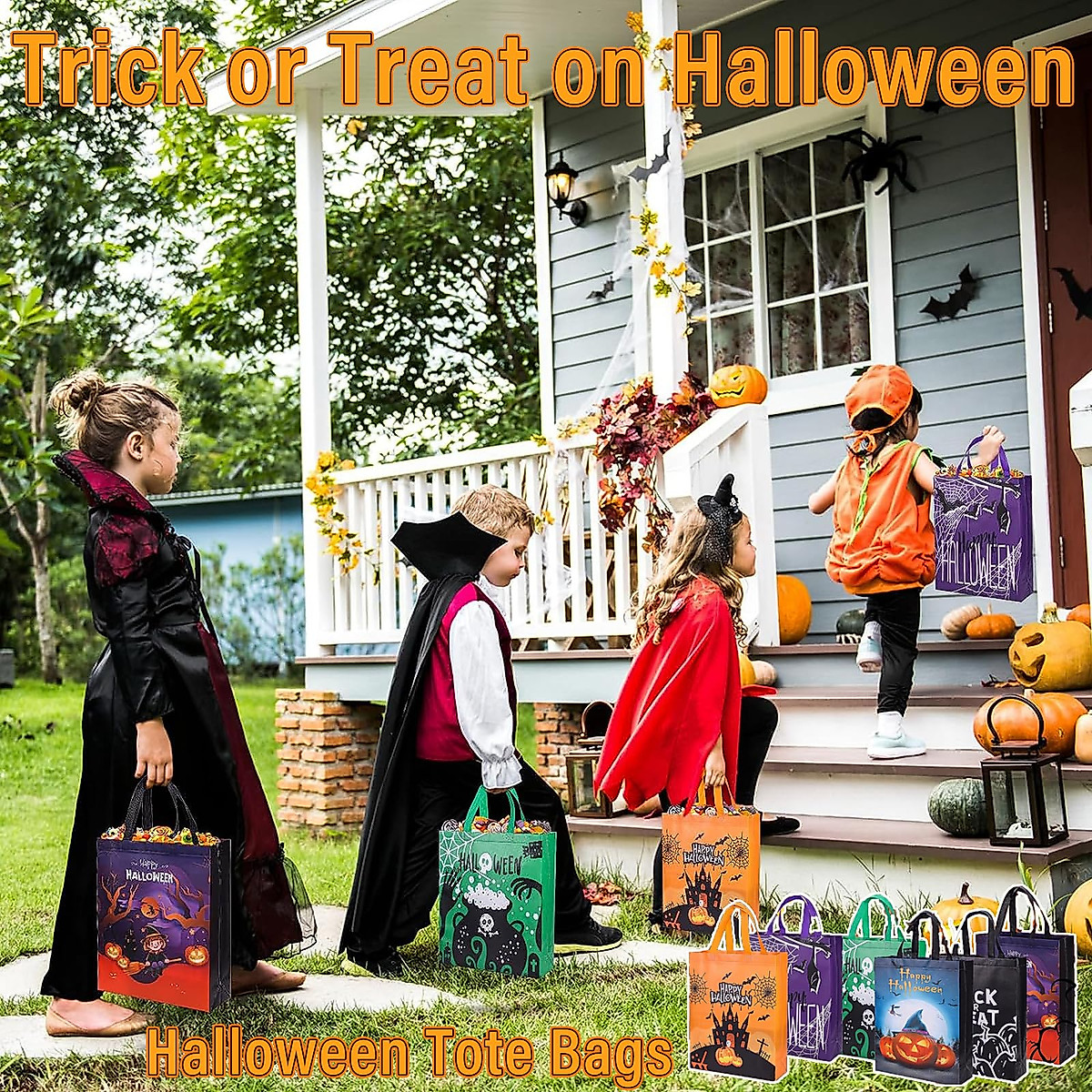 Halloween Trick or Treat Bags, Large Halloween Tote Bags with Handles Halloween Candy Bag Reusable Non-Woven Halloween Bag for Gifts Wrapping, Trick or Treat, Halloween Party Supplies 15"×11.8"×3.9"