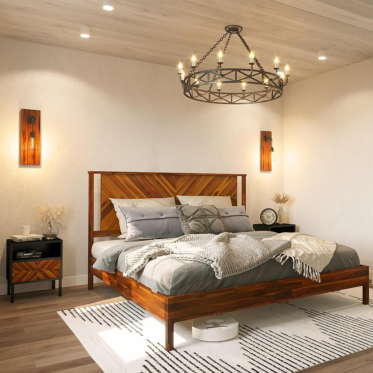 Bme Vivian 14 Inch Deluxe Bed Frame with Headboard, Rustic & Scandinavian Style with Solid Acacia Wood, No Box Spring Needed, 12 Strong Wood Slat Support, Easy Assembly, King, Rustic Golden Brown