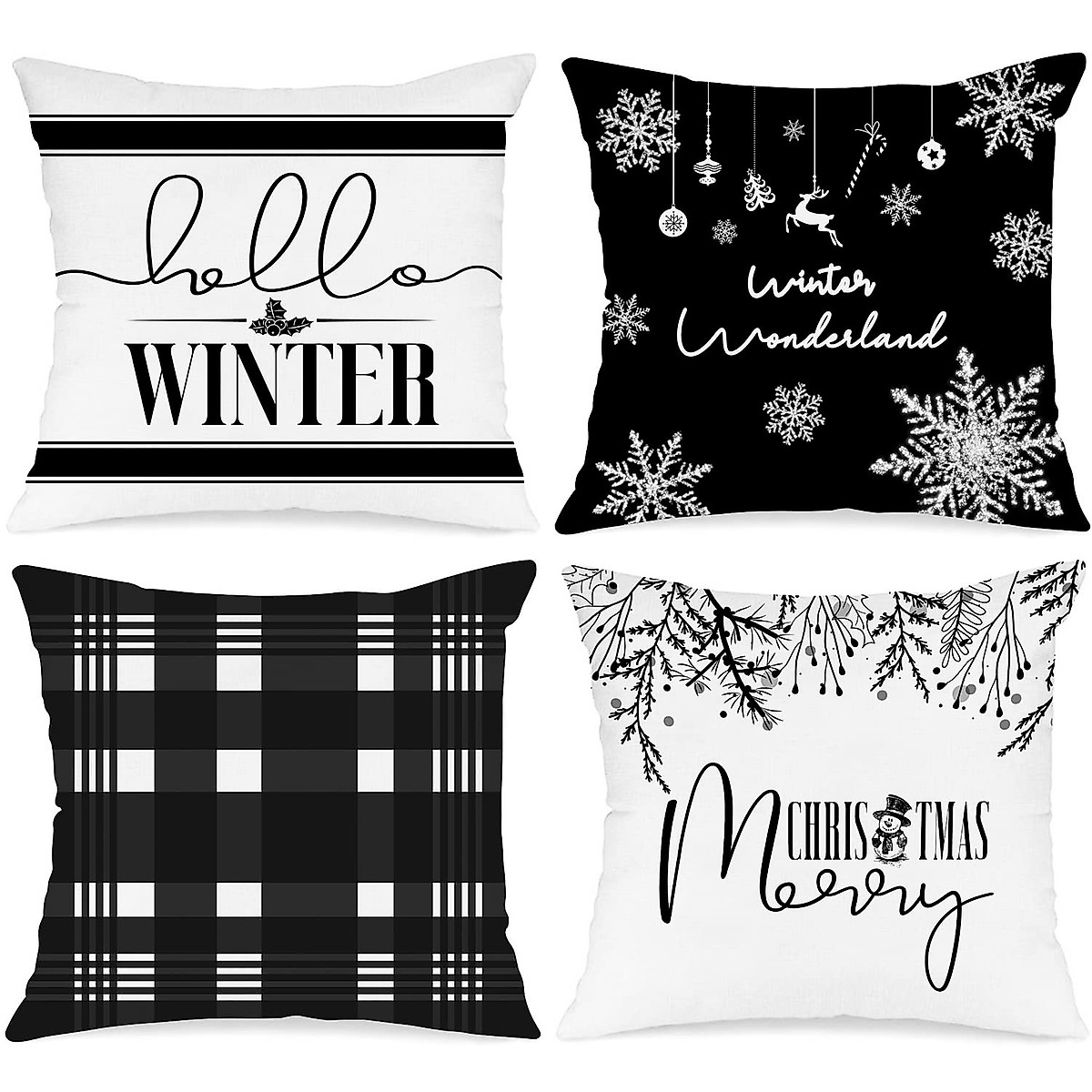 Lanpn Hello Winter Merry Christmas Throw Pillow Covers 18x18 Set of 4, Decorative Black and White 18 inch Xmas Holiday Cushion Pillow Cases Home Outside Porch Decor Decorations
