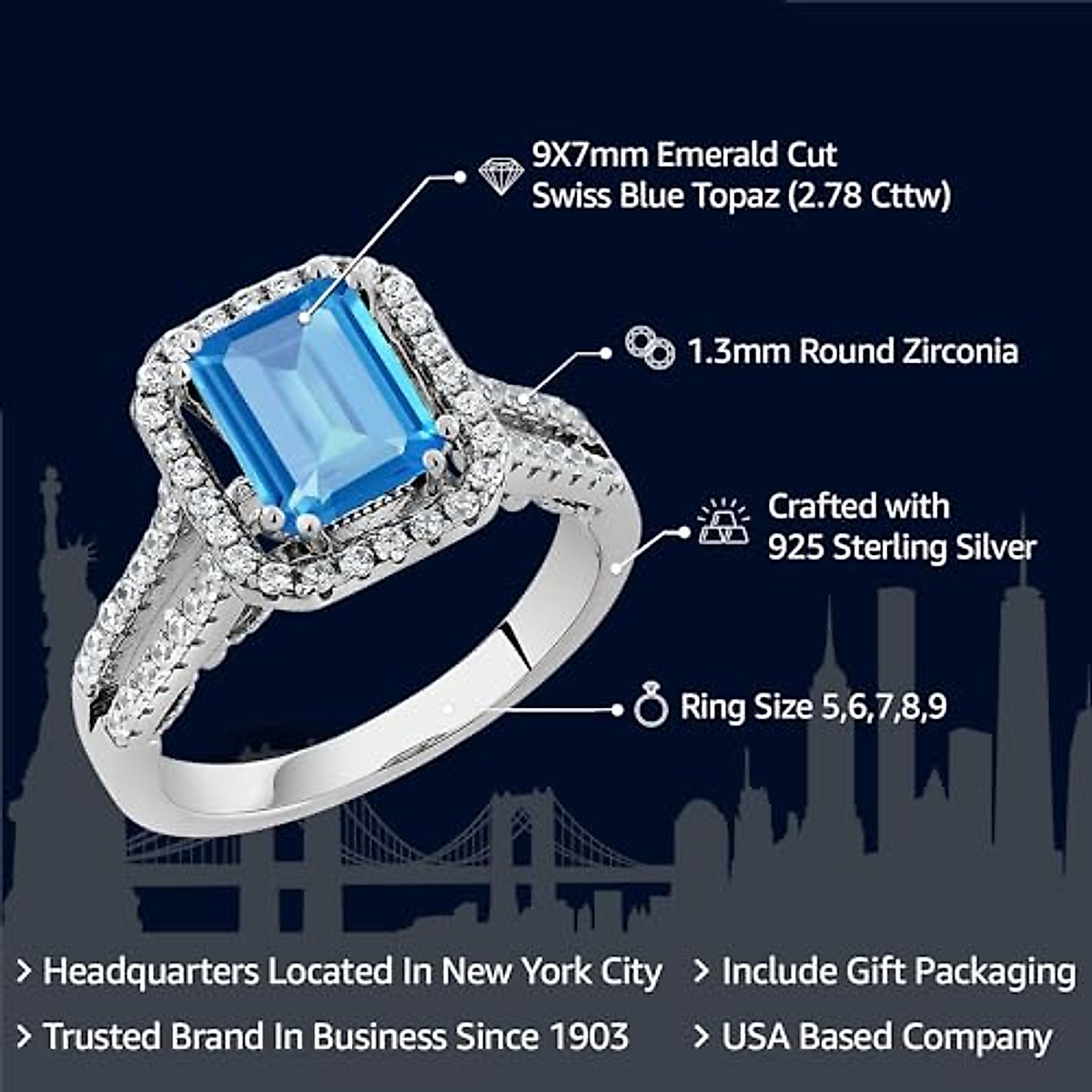 Gem Stone King 2.78 Cttw 925 Sterling Silver Swiss Blue Topaz Engagement Ring For Women | Gemstone Birthstone | Emerald Cut 9X7MM | Available In Size 5,6,7,8,9