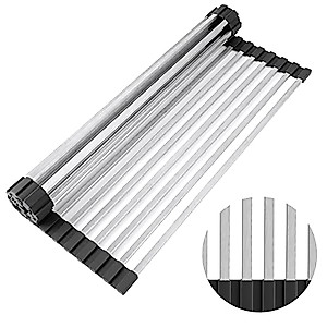 Roll Up Dish Drying Rack Multipurpose Over The Sink Dish Rack, Extra Large Roll-up Kitchen Sink Plate Drying Rack, Foldable Stainless Steel Dish Drainer, Portable Sink Drying Rack (20.5'' x 17.5'')