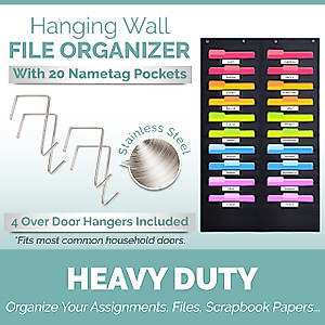 Hippo Creation Heavy Duty Storage Pocket Chart for Classroom, 20 Pocket Storage Organizer with 4 Over-Door Hangers, Hanging Wall Organizer for File Folders, School Mailbox, Home Office Papers - Black