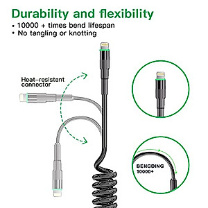 Coiled Lightning Cable Carplay[Apple Mfi Certified], USB to Lightning Cable Fast Data Sync with LED, Short Retractable iPhone Charger Cord for Car Compatible with iPhone 14/13/12/11 Pro Max/Pro/Xs Max