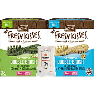 Aurora Pet Variety Pack (2) Merrick Fresh Kisses Double-Brush Small Dental Dog Treats (1) Coconut + Botanical Oils (1) Mint-Flavored Breath Strips with AuroraPet Wipes