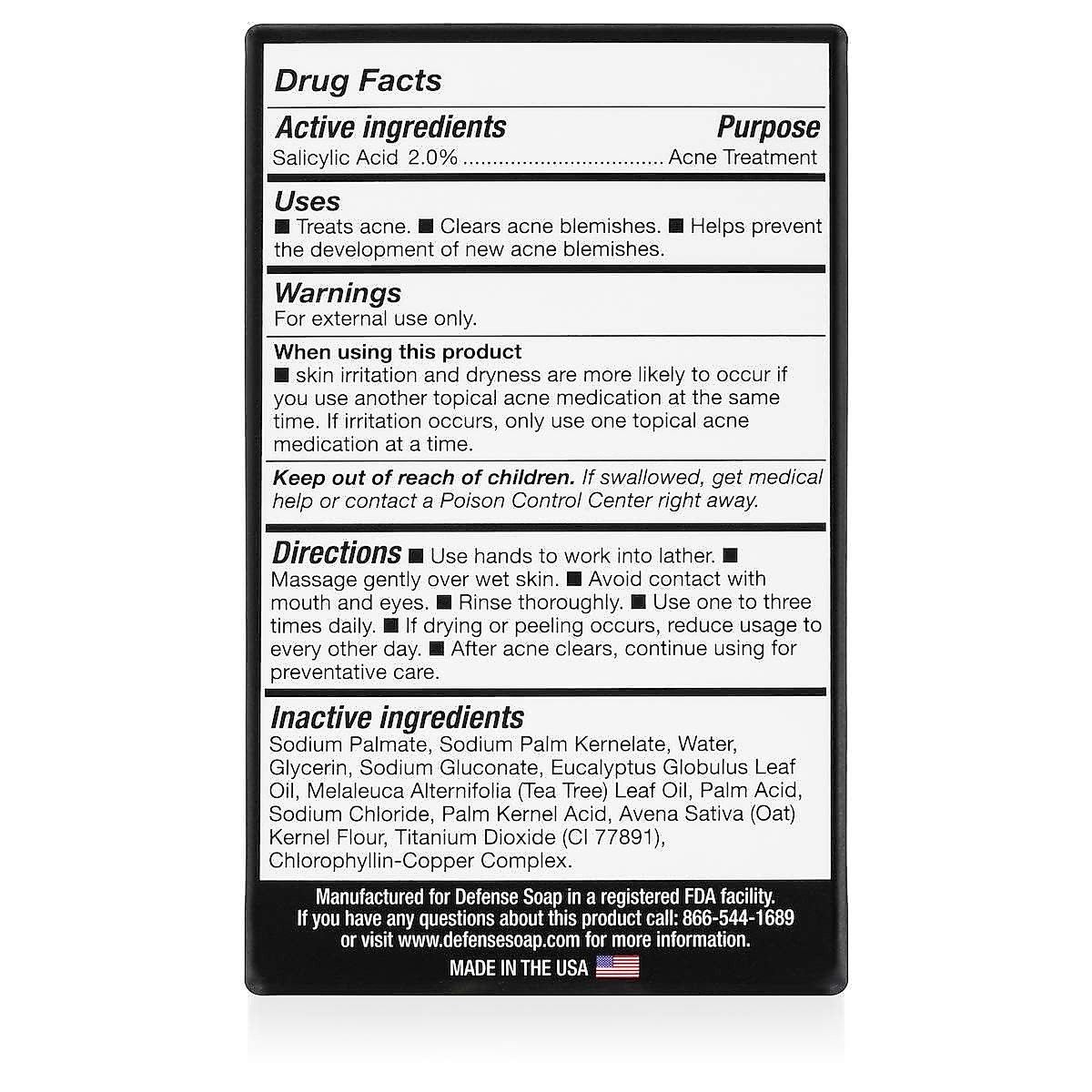 Defense Acne Care Bar Soap 4.2oz | contains 2% Salicylic Acid, Tea Tree & Eucalyptus Essential Oils & Oatmeal