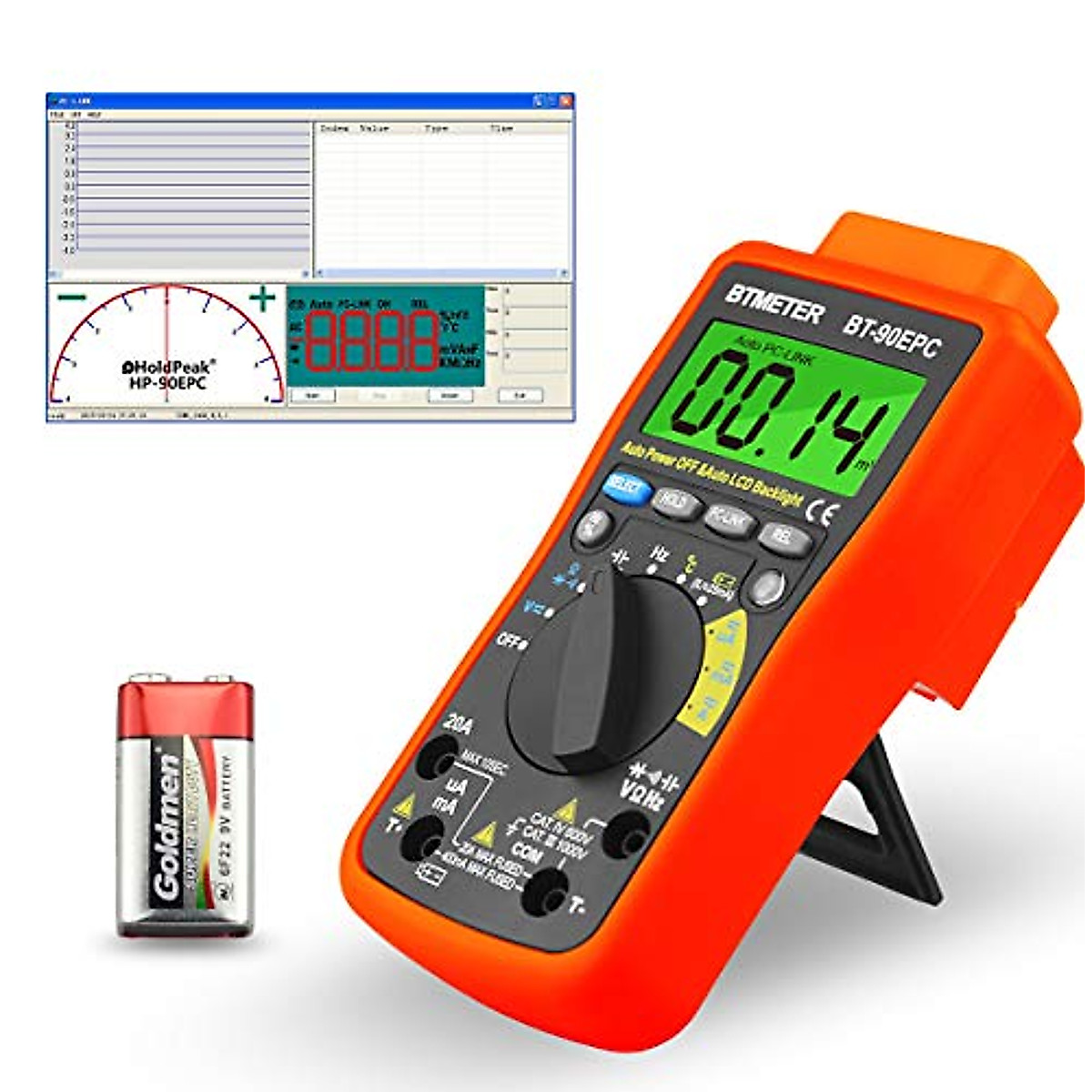 BTMETER BT-90EPC Digital Multimeter, Auto-Ranging AC/DC Volt Amp Ohm Temperature Electric Multi-Tester, w/USB to PC Link Sync for Data Logging