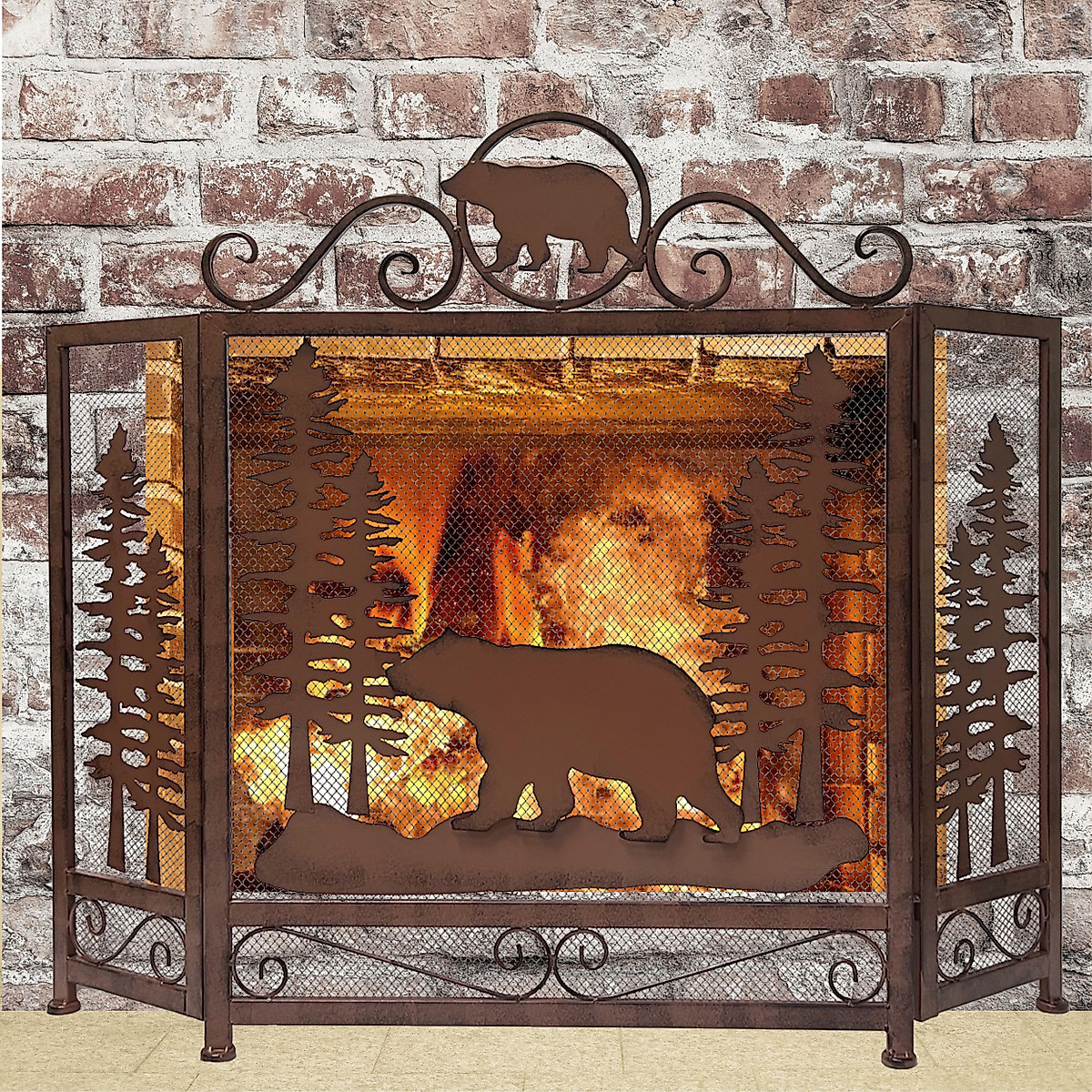 BestGiftEver 3-Panel Fireplace Screen Decorative with Bear Alone in The Forest - Stand Alone Fireplace Cover Metal Mesh Screen - Home Decorative Firescreen for Cabin, Wildlife, and Woodland Theme
