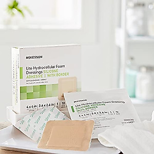 McKesson Lite Hydrocellular Foam Dressings, Sterile, Silicone Adhesive with Border, 4 in x 4 in, 10 Count, 1 Pack