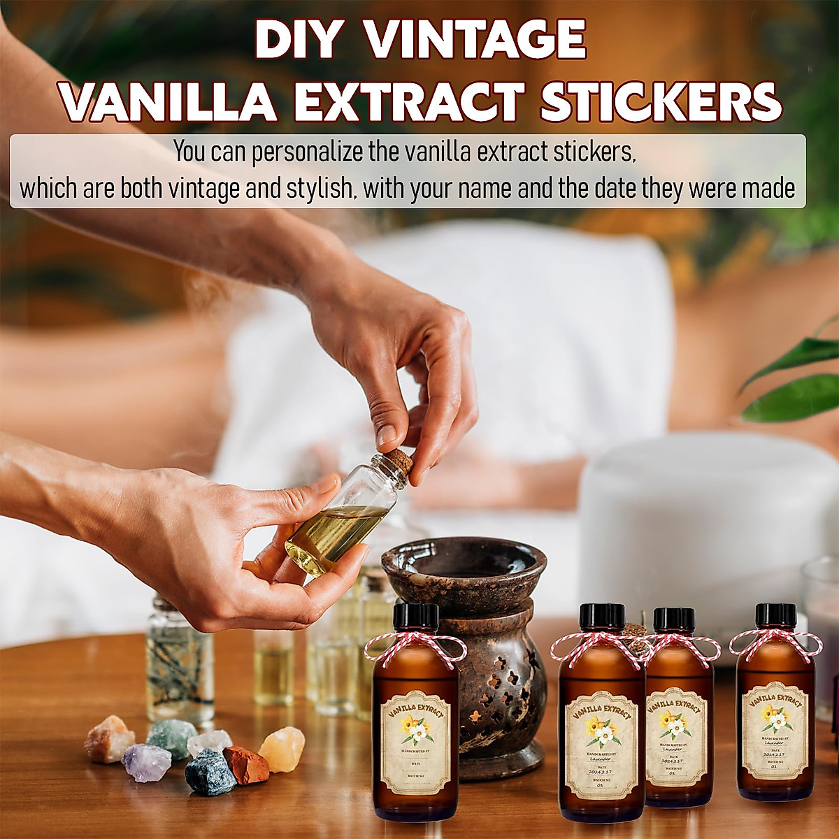 12 Pack 2 Ounce Amber Glass Bottle with Lids Vanilla Extract Homemade Brown Bottle 2 oz and 12Pcs Vanilla Extract Stickers for Syrup Gift Glass