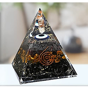 Organite Orgone Pyramid Extra Large 95 MM - Orgone Energy Pyramid with Evil Eye, Hematite, Tiger Eye, Black Obsidian Crystals and Healing Stone - Orgonite Pyramids Crystals and Positive Energy