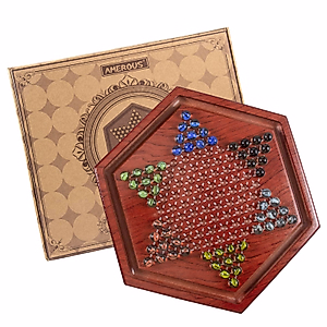 AMEROUS 13.6 inches Wooden Chinese Checkers Board Game Set with 60 Colorful Glass Marbles, Classic Strategy Game for Kids, Adults, Whole Family Play (Up to Six Players)