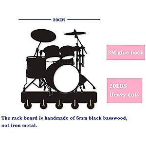 Musical Instrument Drum kit Key Hook Wall Door Clothes Coat Hat Hanger Key Holder with 5 Hooks Strong Adhesive Sticker Wood Hook,Drummer Gift,Brithday Gift.