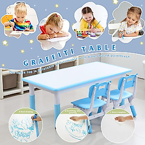 Goldshire Kids Table and 6 Chairs Set with Graffiti Desktop, Toddler Furniture Set, Non-Slip, Table Children Study Desk, Dining Table, Height Adjustable Desk, Painting Desktop for Kids (47.2x23.6Inch)