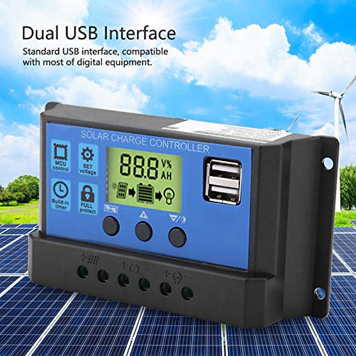 Akozon Solar Panel Controller, Solar Charger Controller Intelligent Panel Battery Regulator PWM 12V 24V Dual USB (YJSS-10A)