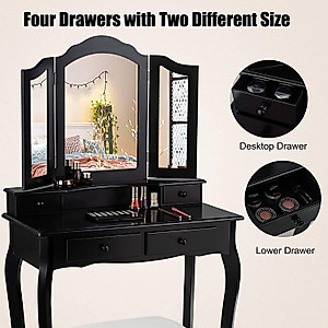 RIVALLYCOOL 2-in-1 Vanity Table Set, Multipurpose Dressing Desk Set with 4 Drawers Tri-Folding Mirror, Cushioned Stool, Wood Table with with Modern Shape, Bedroom Bathroom Makeup Table (Black)