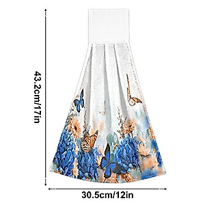 Butterflies Hanging Kitchen Towels Blue Flowers Floral Hand Towel 2PCS Dish Cloth Tie Towel Absorbent Oven Stove Washcloth with Loop for Bathroom Home Decorative