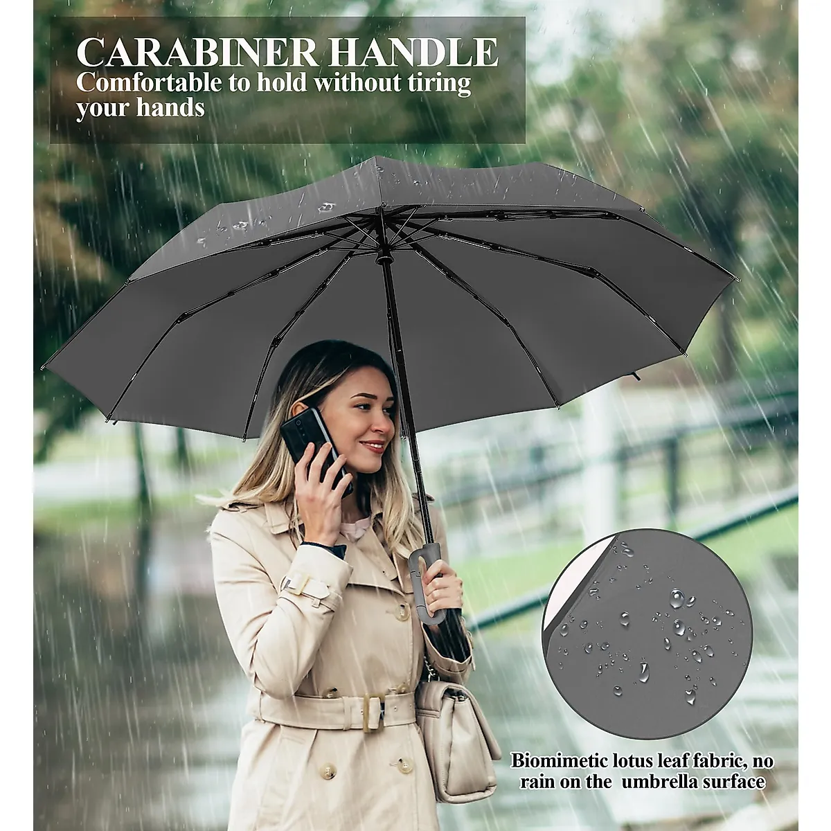 TUMAAOTU Compact Travel Umbrella, Grey, 14 in Length, 40 in Diameter, 10 Fiberglass Ribs, Waterproof, Easy to Carry