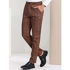 Lars Amadeus Men's Brown Plaid Dress Pants Straight Leg Flat Front Business Formal Checked Trousers 36