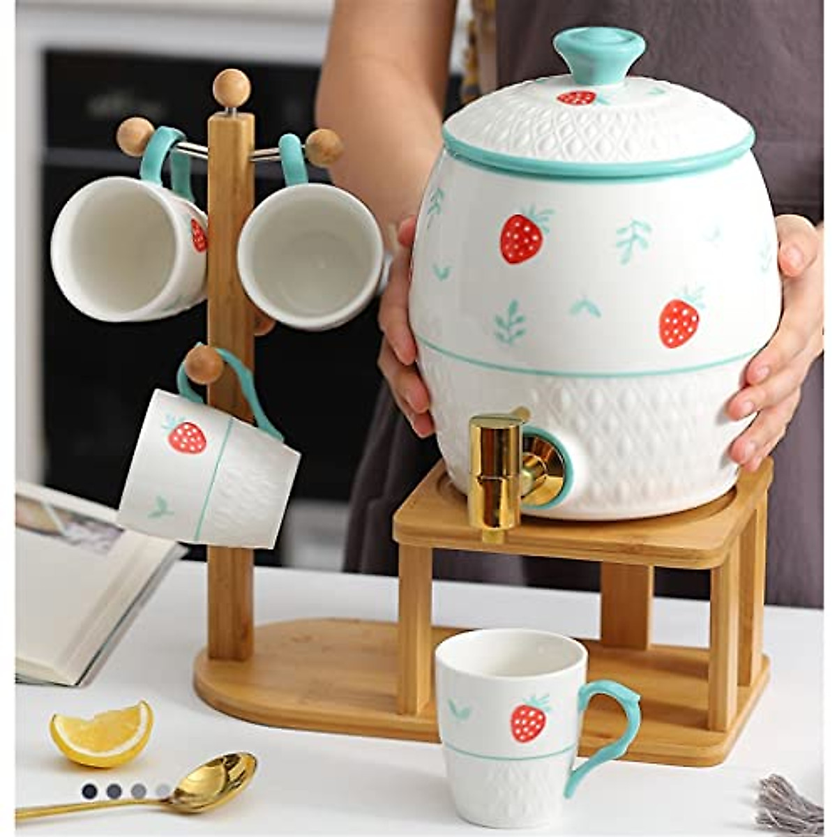 EVANEM Ceramic Cold Kettle Large Capacity Cold Kettle with Faucet Set Summer Refrigerator Tea Bucket (Color : E, Size : As the picture shows)