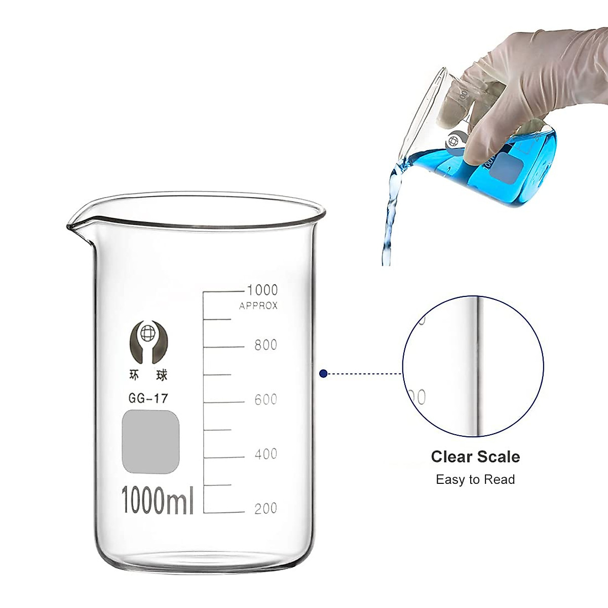 Glass Beakers Set, ZEEROQOLAB 5pcs Measuring Pyrex Beaker 1000ml 500ml 250ml 100ml 50ml with 2pcs Cleaning Brush, 3pcs Droppers and 2pcs Glass Stirring Rods