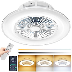 22 Inch Ceiling Fan with Lights Remote Control, Bladeless Bedroom Ceiling Fans with Lights Dimmable, 6 Speeds LED Ceiling Fan Quiet, Night Light/Color Temperature Adjustment/Timing Off/App Control