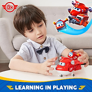 Super Wings - 5" Transforming 2-Pack Supercharged Jett & Super Pet Jett Airplane Toys | New from Season 5 | Airplane to Robot | Preschool Birthday Gifts for 3 4 5 Year Old Kids | with Light Effect