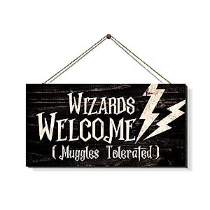 Creoate Wizards Welcome Muggles Tolerated Sign for Kids Room Decor, Funny Halloween Decorations Welcome Sign Rustic Wood Plaque Gothic House Decor for Front Door Porch Kids Room, Black