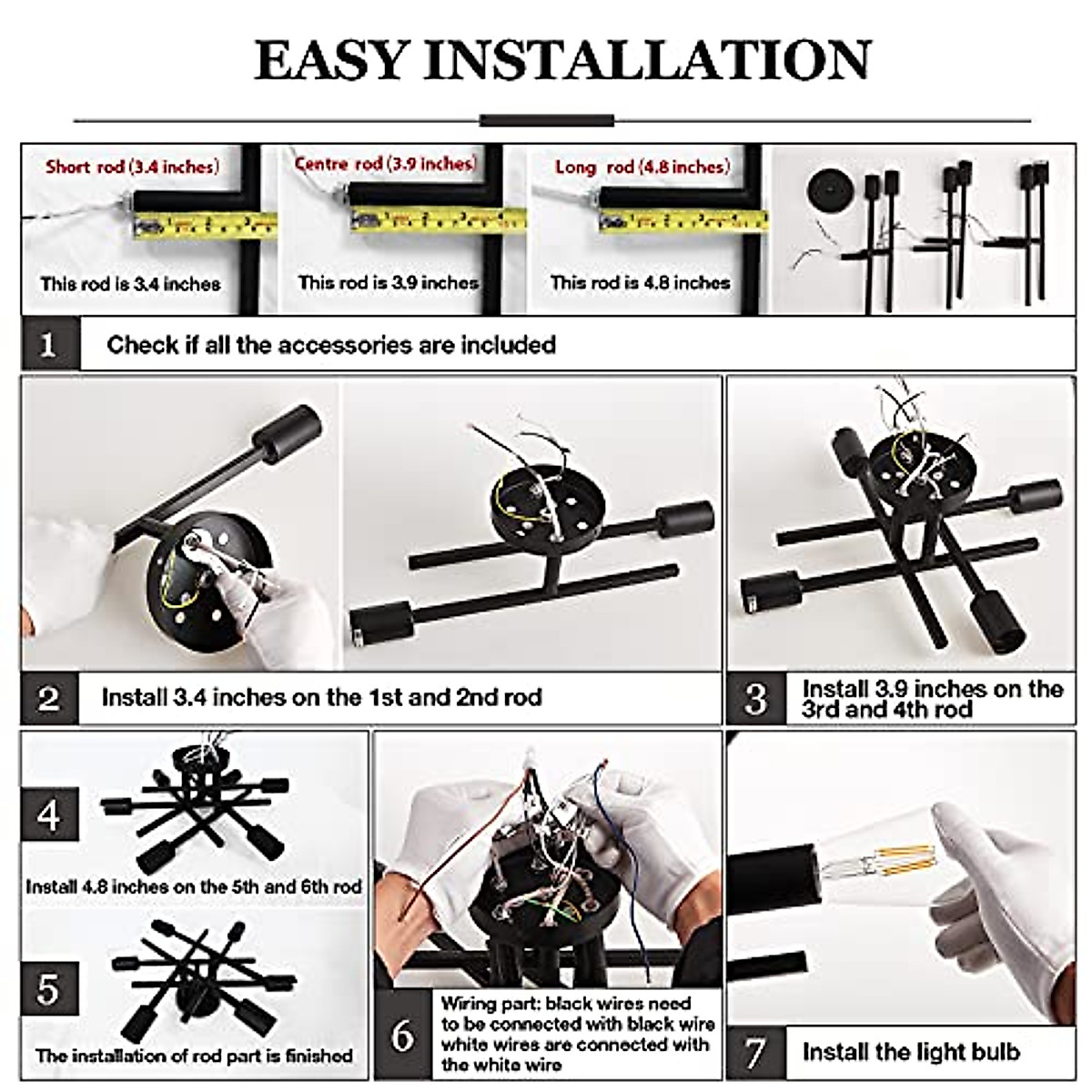 ASGYISA Semi Flush Mount Modern Ceiling Light Fixture， 6 Lights Black Vintage Matte Sputnik Chandelier Ceiling Lamp with E26 Bulb Base for Farmhouse Dining Room Living Room Bedroom Study Kitchen