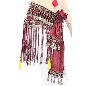 ZLTdream Women's Belly Dance Tribal Hip Scarf with Fringe Coins Flannel Dark Red, One Size