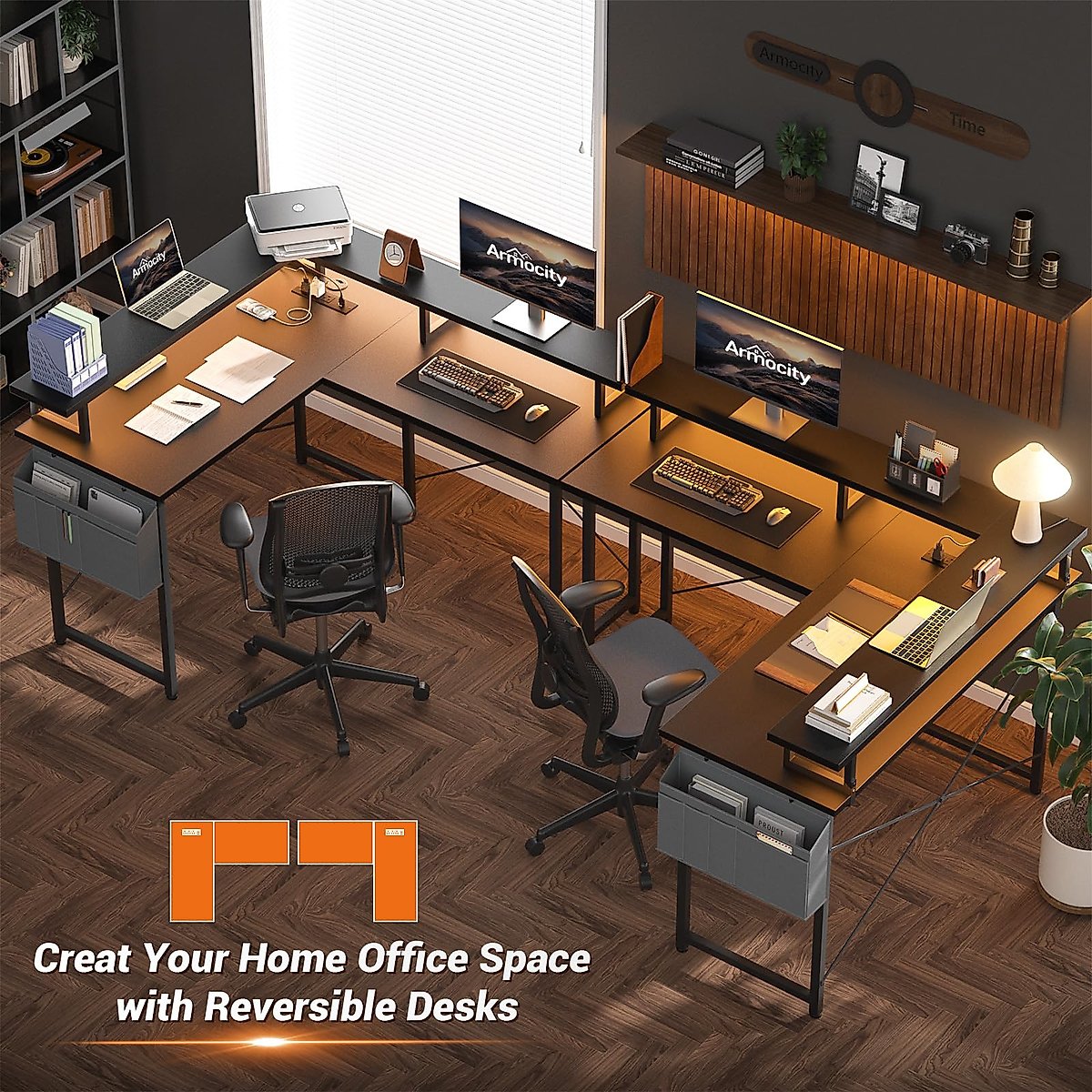 armocity L Shaped Computer Desk with Power Outlets, Gaming Desk L Shaped with LED Lights, Corner Desk with Storage Shelves, Work Study Desk for Bedroom, Home Office Small Spaces, 47'', Black