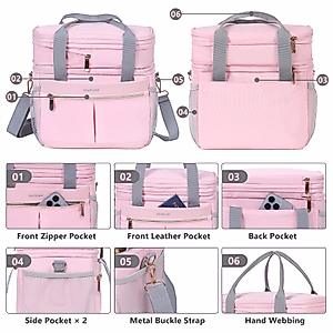 Hedcaw Lunch Box for Women Double Deck Insulated Lunch Bag Women Expandable Leakproof Reusable Lunch Cooler for Work, Office, Picnic, Pink