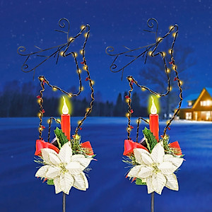OBABA 2 Pack Solar Christmas Yard Stake Lights,Outdoor Decor Garden Metal Reindeer 33" Stakes LED Candle Light,Holiday Ornament for Home Lawn Pathway Walkway Driveway Winter Decoration