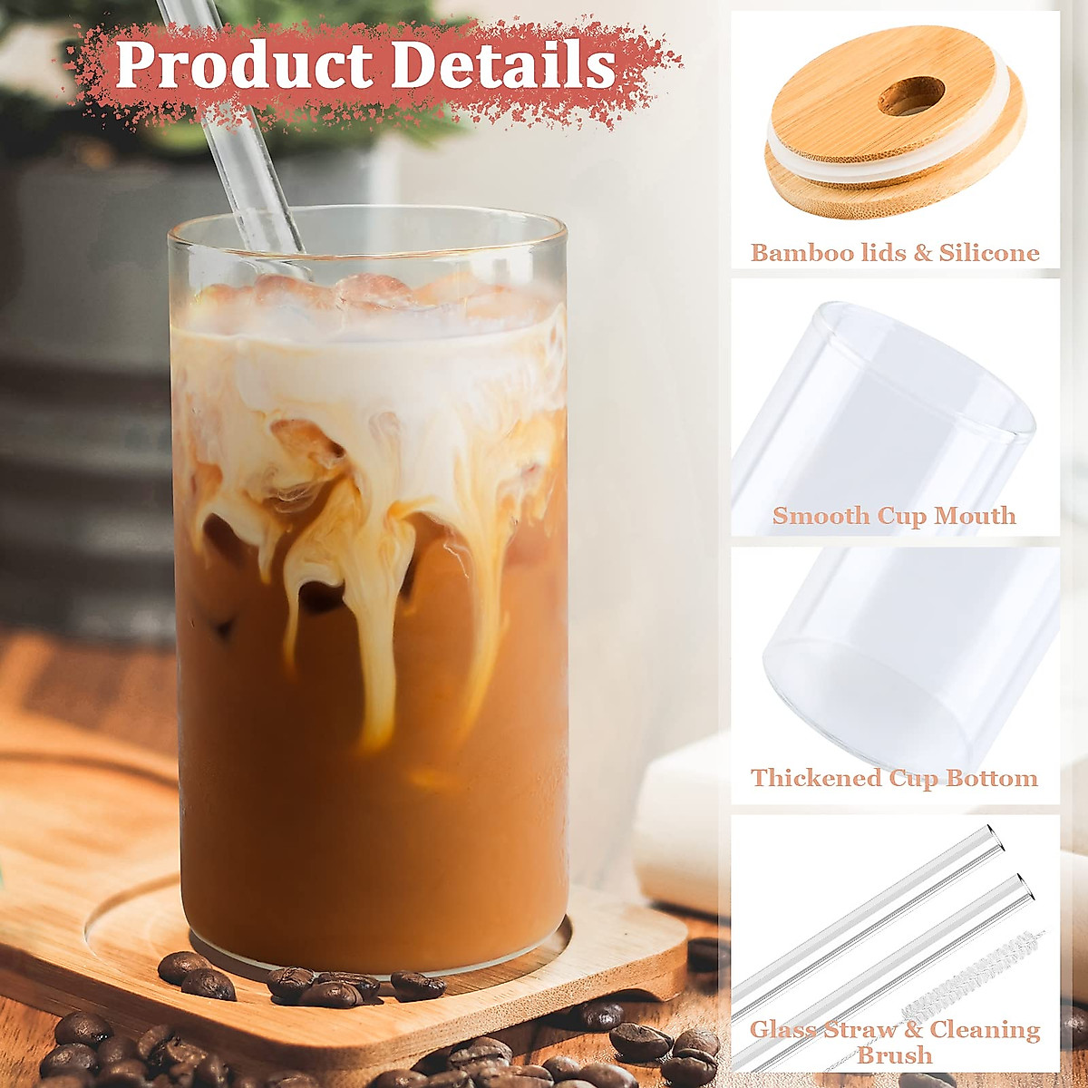Glass Cups with Lids and Straws, 26oz Borosilicate Glass Tumbler with Straws and Bamboo Lids Reusable Clear Iced Coffee Cups for Coffee Milk Tea Juice DIY Drinks Coffee Bar Accessories- 2 Pack