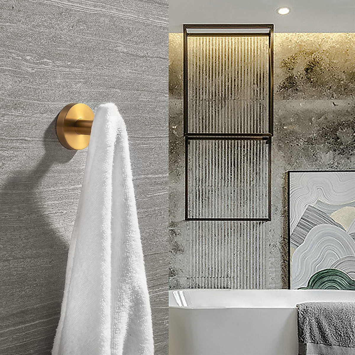 HITSLAM Gold Towel Hooks for Bathroom Wall Mounted, Brushed Brass Wall Mount Hooks Heavy Duty Premium SUS 304 Stainless Steel Rustproof 2 Pack