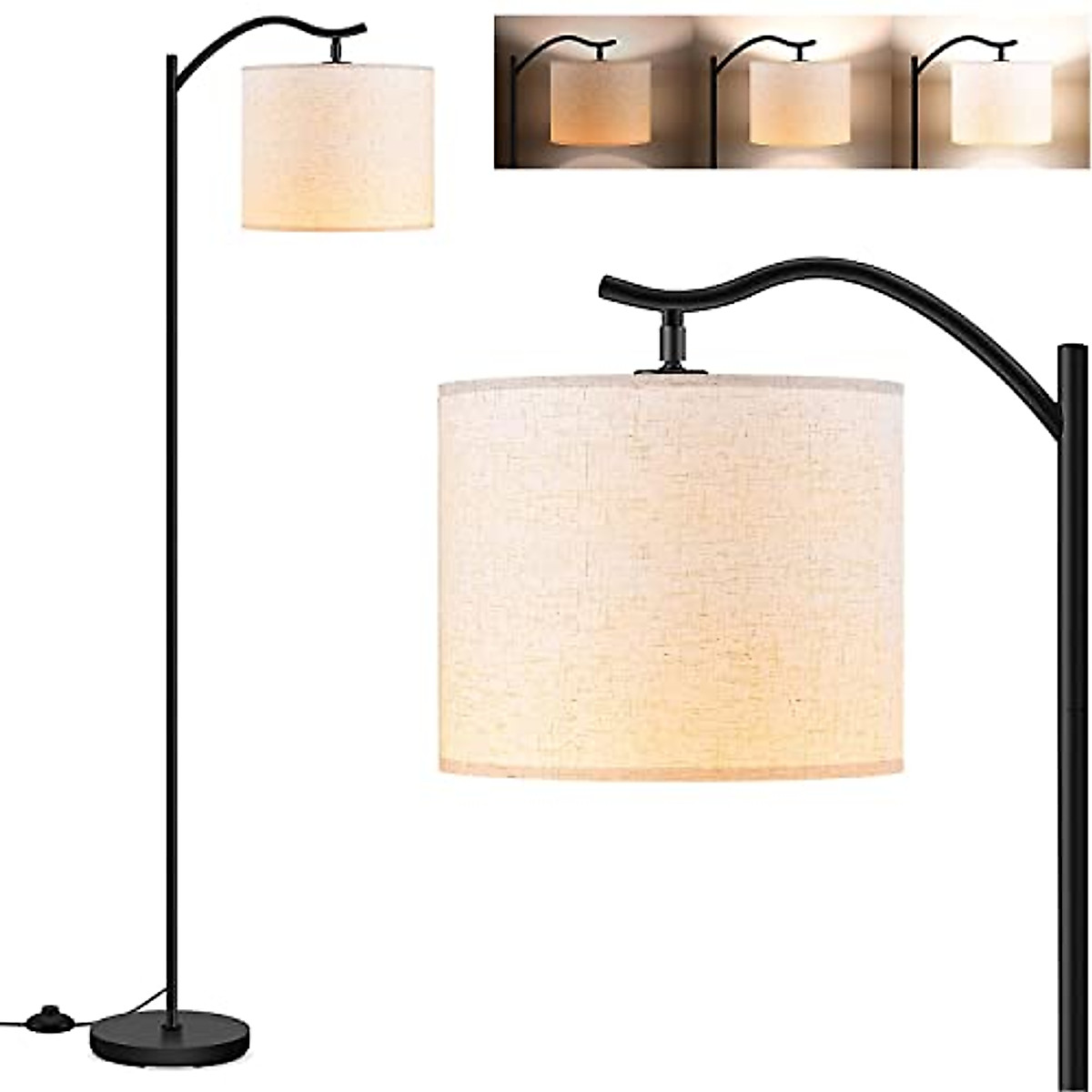 BoostArea Floor Lamp for Living Room,15W LED Arched Floor Lamp,Tall Modern Standing Lamp with Linen Shade,3 Brightness Levels,E26 Socket,Footswitch,Mid Century Floor Lamp for Bedrooms,Office