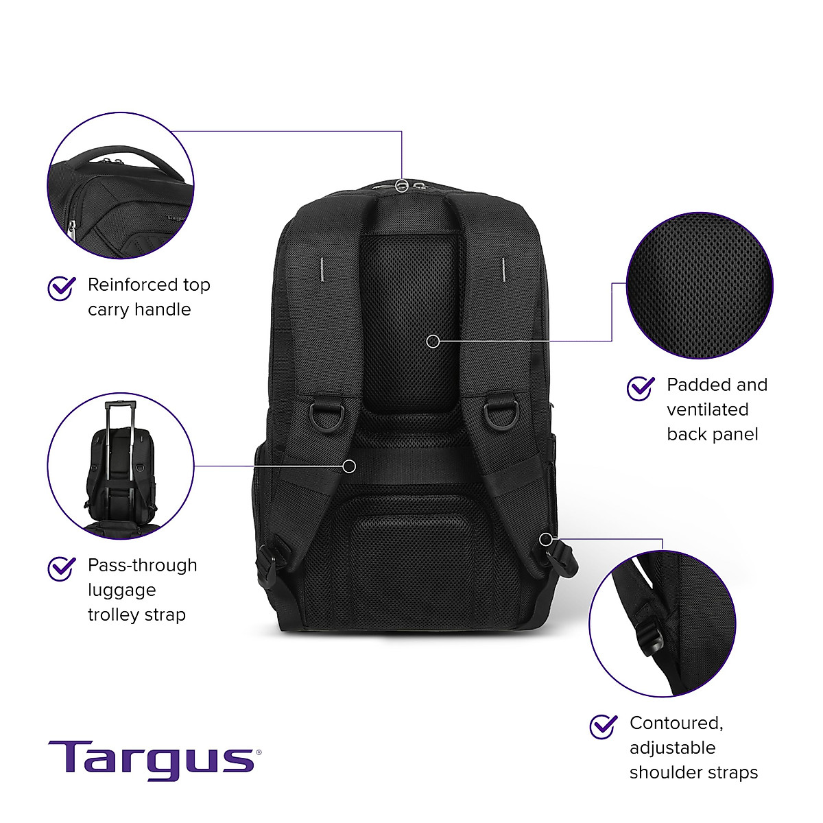 Targus Legend IQ Backpack Laptop bag for Business Professional and College Student with Durable Material, Pockets Throughout, Headphone Cord Pocket, TrolleyStrap, Fits 16-Inch Laptop, Black (TSB705US)