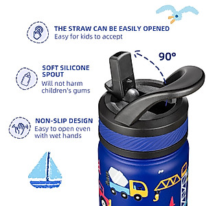 Fanhaw 14 Oz Kids Insulated Water Bottle with Straw - Stainless Steel Double Wall Vacuum Cup, Leakproof, BPA Free, Suitable for Boys and Girls(Blue - Under Construction)