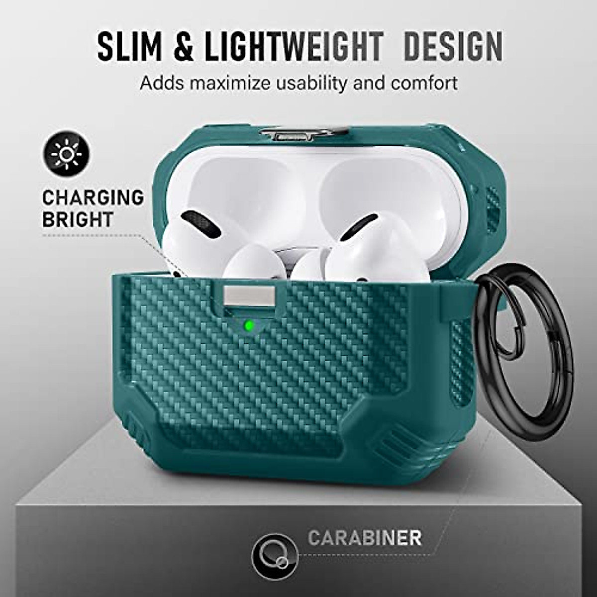 Youskin Airpod Pro Case Cover With Secure Lock Clip,Military Armor Series Full-Body Shockproof Hard Shell Protective for Men Women with Keychain Carabiner,Carbon Fiber Airpod Case for AirPod Pro,Green