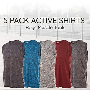 Essential Elements Boys Active Shirt - Quick-Dry Athletic Workout Training Stretch Crew Neck Muscle Tank Top 5 Pack