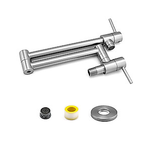 QWORK Stainless Steel Wall Mount Pot Filler Faucet - 1/2"-14 NPT Thread, Commercial Kitchen Sink Faucet with Foldable Stretchable Double Handles and Single Hole Configuration