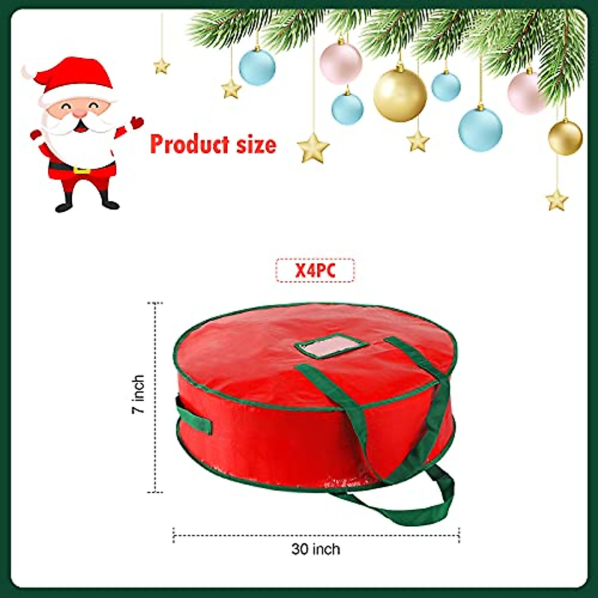 Shappy 4 Pieces Wreath Storage Container Bag Round Garland Holiday Container Zippered Xmas Artificial Wreath Container with Handle for Christmas Tree (Red,30 x 7 Inches)