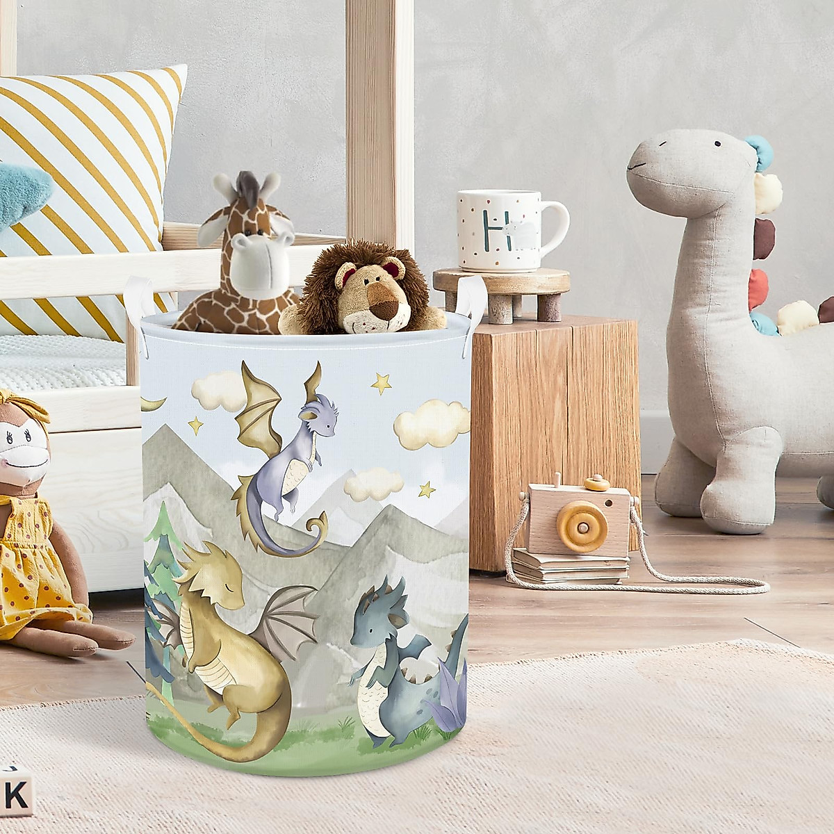 Clastyle 45L Kids Cute Dragon Nursery Hamper Mountain Tree Dirty Clothes Collapsible Laundry Basket Round Cloud Toys Storage Basket with Drawstring